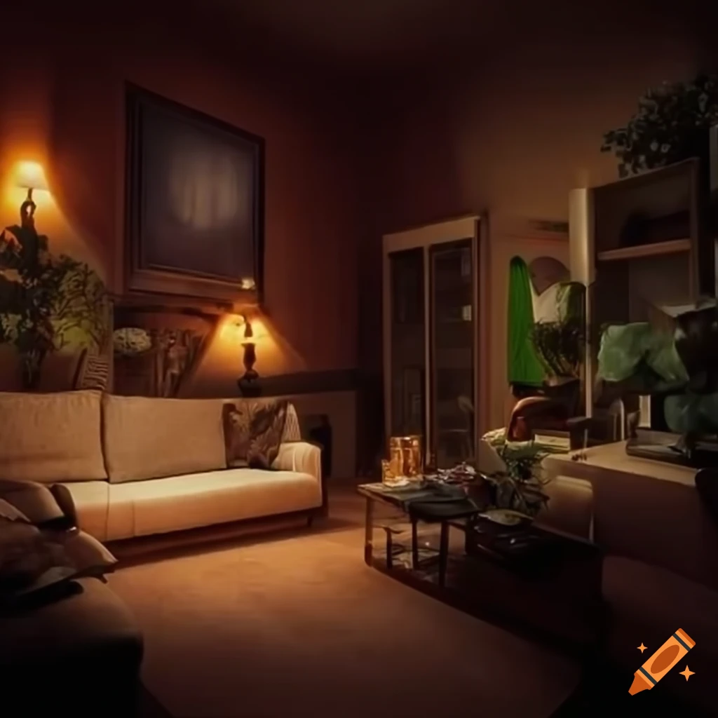 Lo-fi style living room, at night, with lo-fi style lights, with lots ...