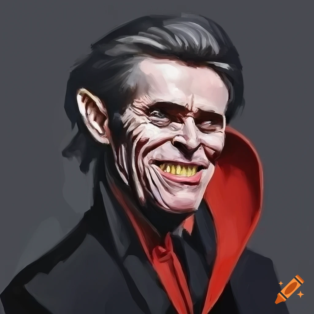 Willem dafoe dressed as a vampire, large top hat, hat over eyes ...