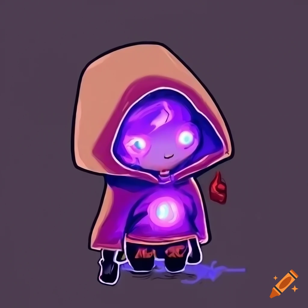 Chibi character with glowing purple eyes and mysterious hood on Craiyon