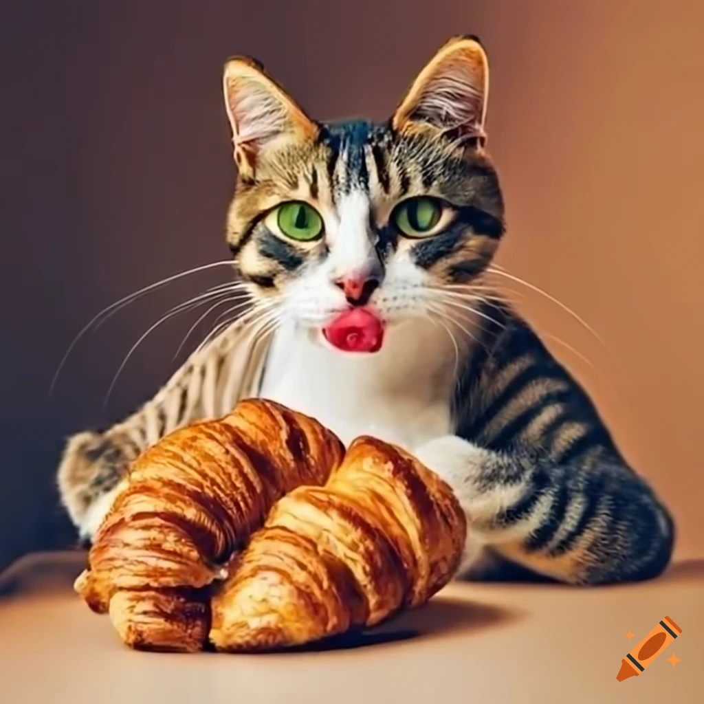 A cat in Paris holds a croissant in his mouth on Craiyon