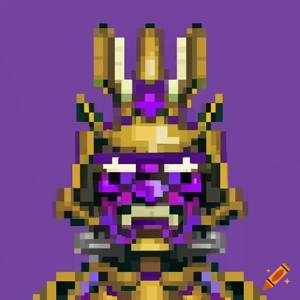 Pixel art of a mystical warrior wearing a purple shogun mask