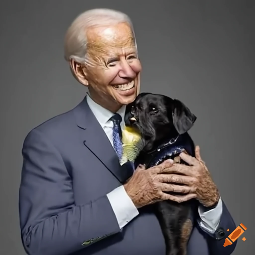 Joe biden holding a black dog with a fish in its mouth