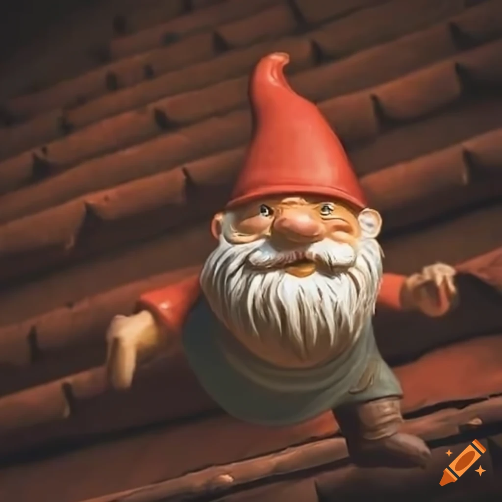 A brown haired gnome falling down from a roof