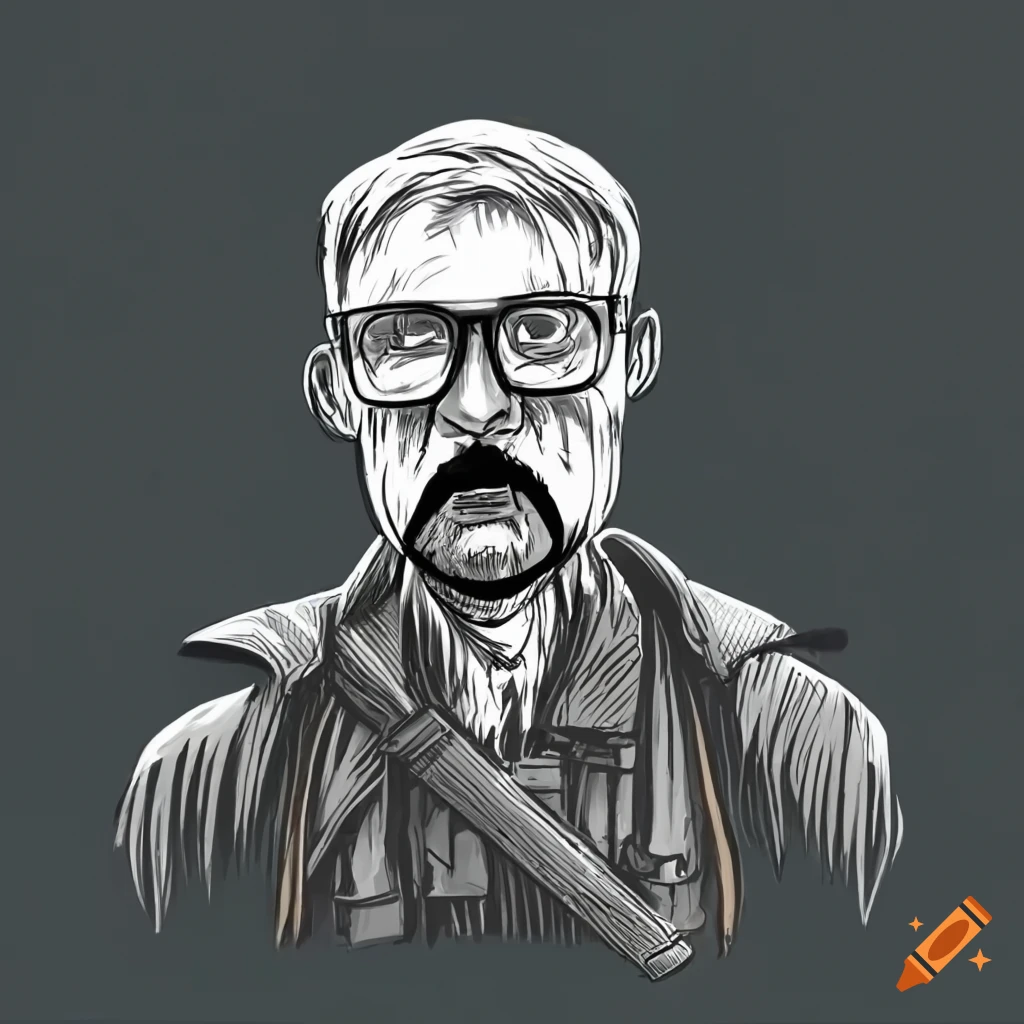 Clean Janitor with short beard and glasses in post apocalyptic setting ...