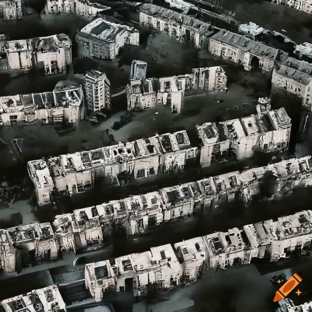 Warhammer 40K style. An aerial view of a suburb of concrete large ...
