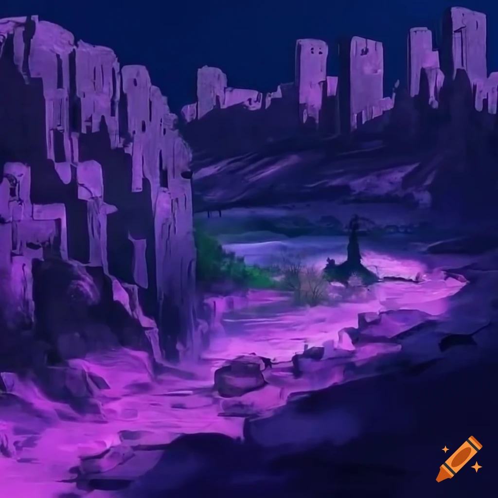 Top view of ancient ruins with purple rivers on Craiyon