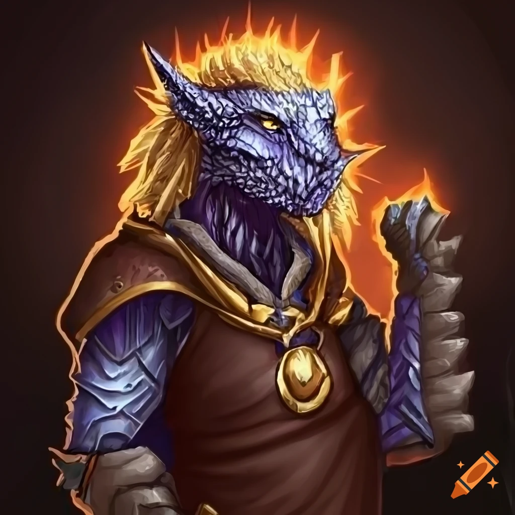 Character portrait: dragonborn warlock; gold and sapphire scales