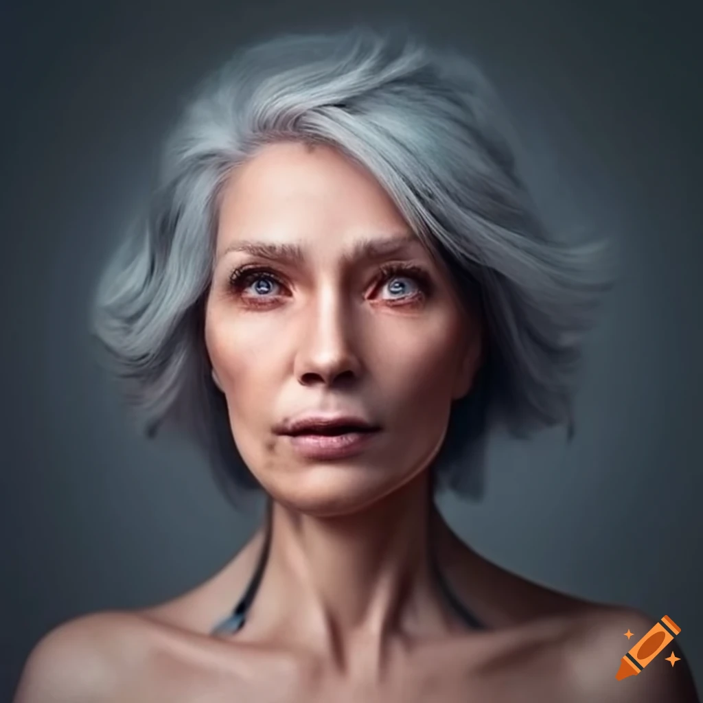 Pretty gray-haired woman-aged-23 color hyper-realistic