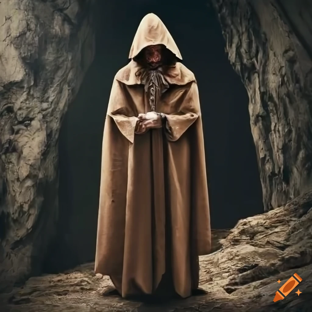 Hooded medieval old man in long brown cape standing on the rock in dark ...
