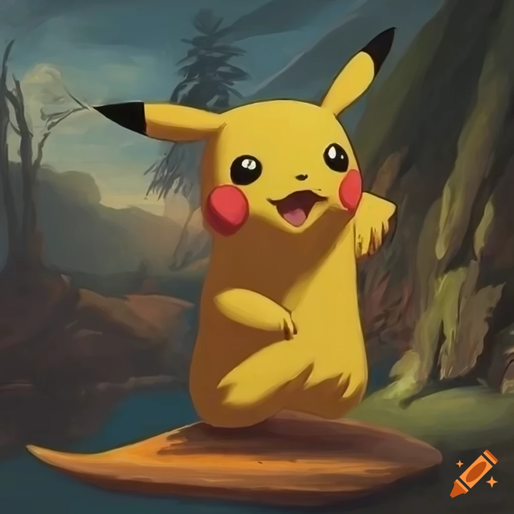 A painting representing a nice Pikachu surfing and playing guitar in a ...