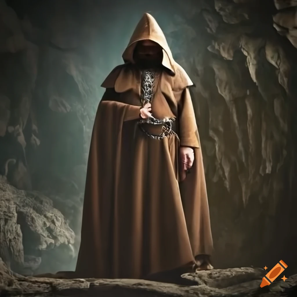 Hooded medieval old man in long brown cape standing on the rock in dark ...