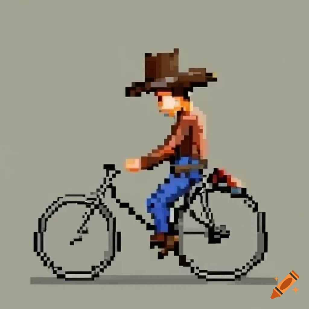 Pixel art, lonely sad cowboy on a bicycle, big head, small body, tiny ...