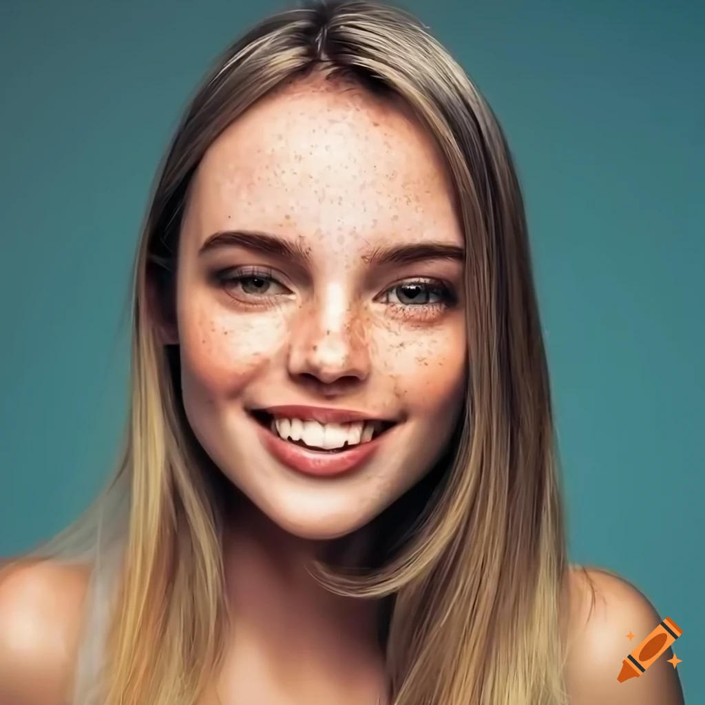 Beautiful Young Woman Delicate Freckles Shy Smile Shoulder Length