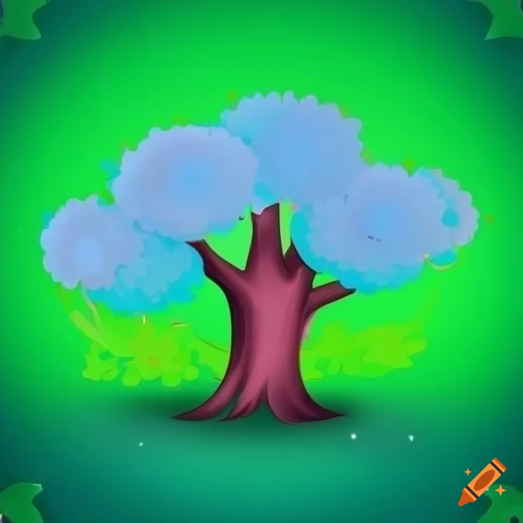 2d cartoon trees and flowers with yellow blue light green and light pink colors