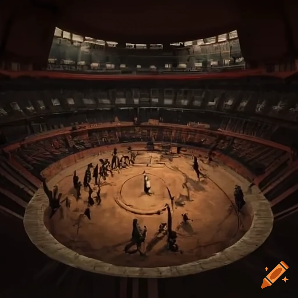 Overhead perspective of an arena for intense battles on Craiyon