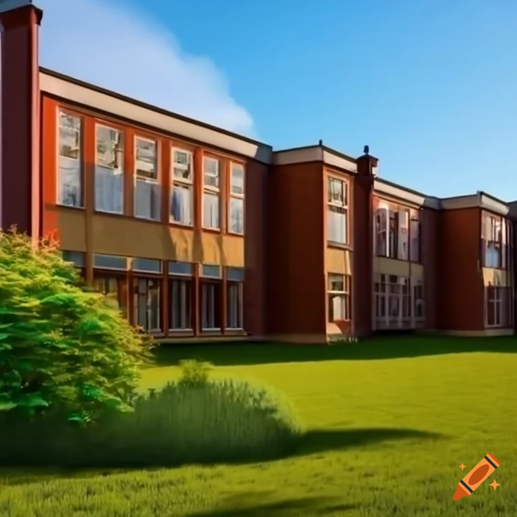 Pixar animations inspired school building, with trees and bushes and a ...