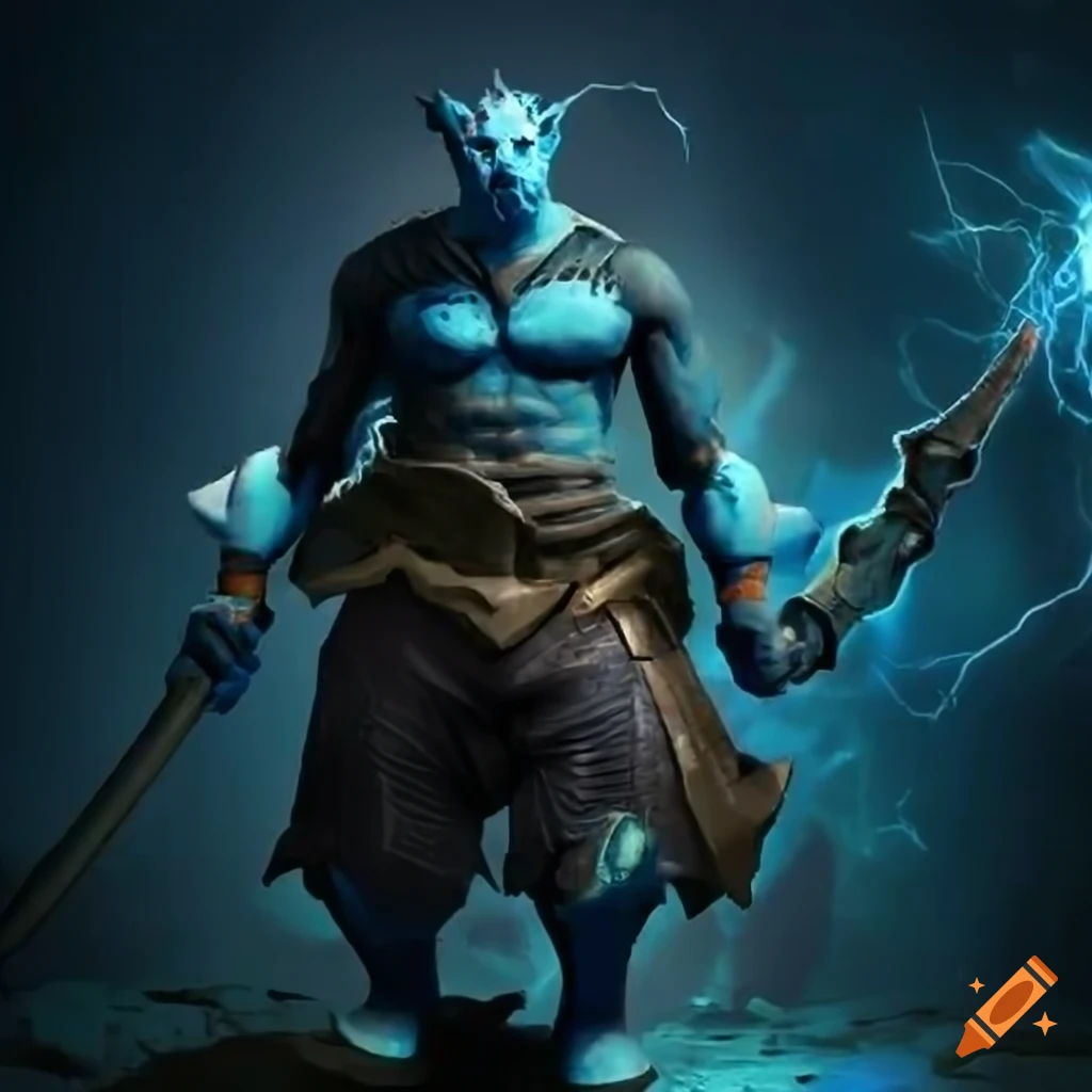 Mike Mignola style: Whole body. Male blue skinned Oni Man wielding a ...