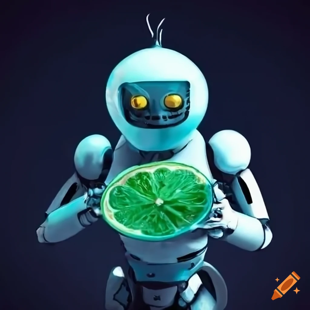 Cyber robot holds in the mouth whole lime with angry smile on Craiyon