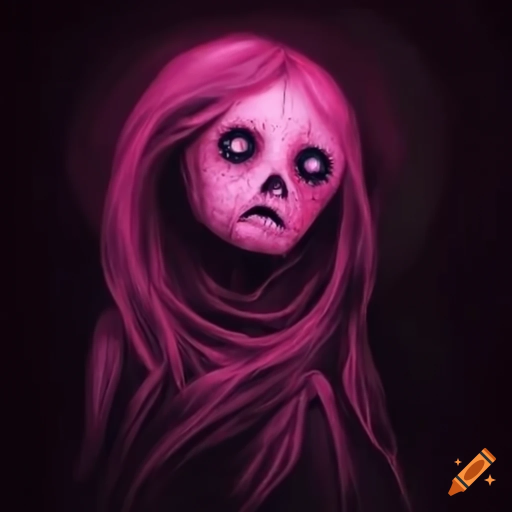 Creepy ghostly creature with pink hair and glowing pink eyes