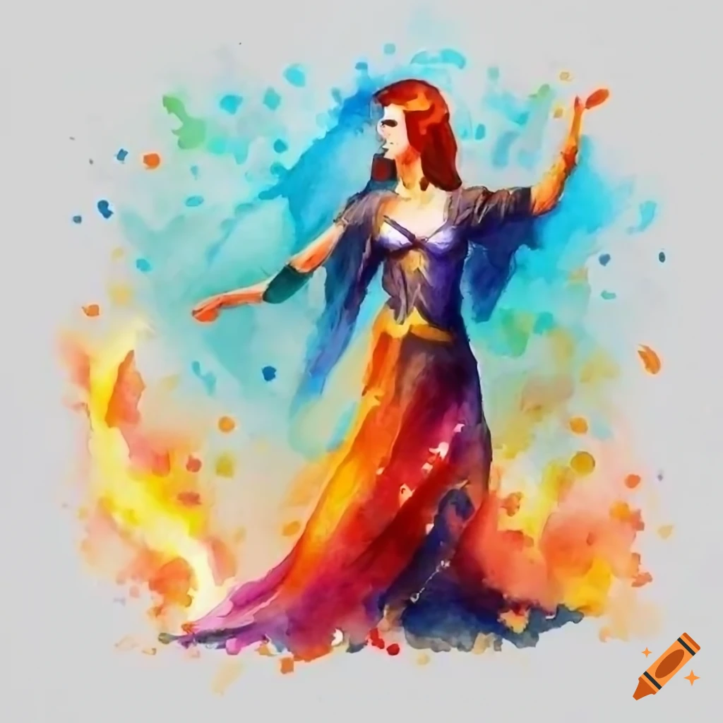 Female wizard, dancing fire, watercolor, white backround
