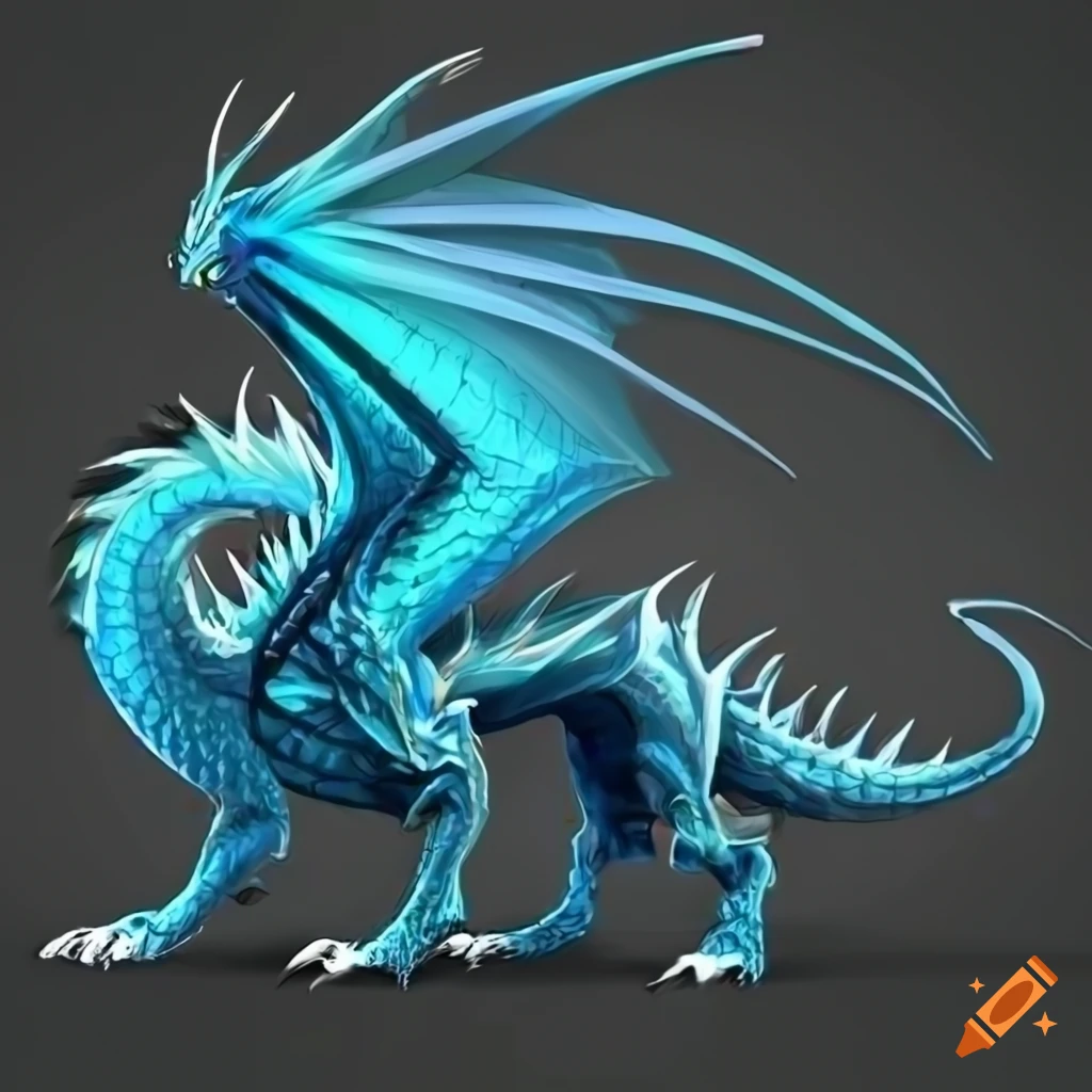Dragon concept design, full body blue and cyan coloured, side view on ...