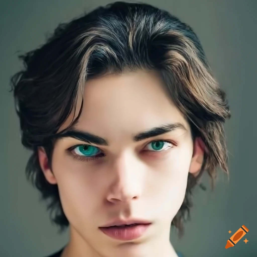 Young Man With Shoulder Length Wavy Black Hair And Green Eyes