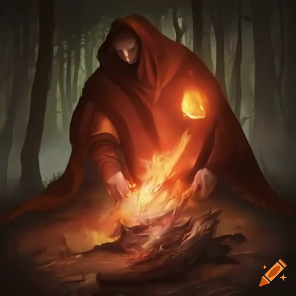 Mage apprentice in forest casting a fireball on Craiyon