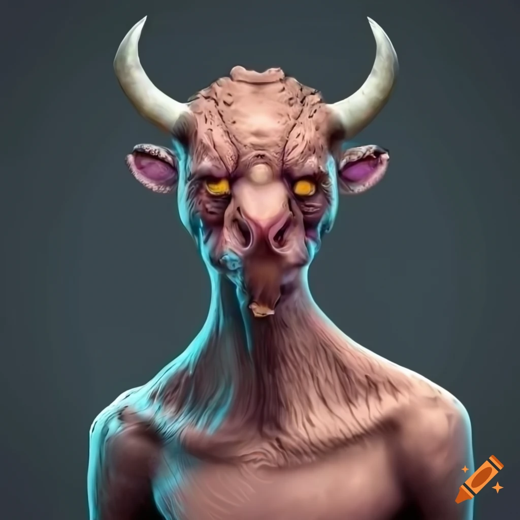 A humanoid creature with cow horns on its head, skin covered with ...