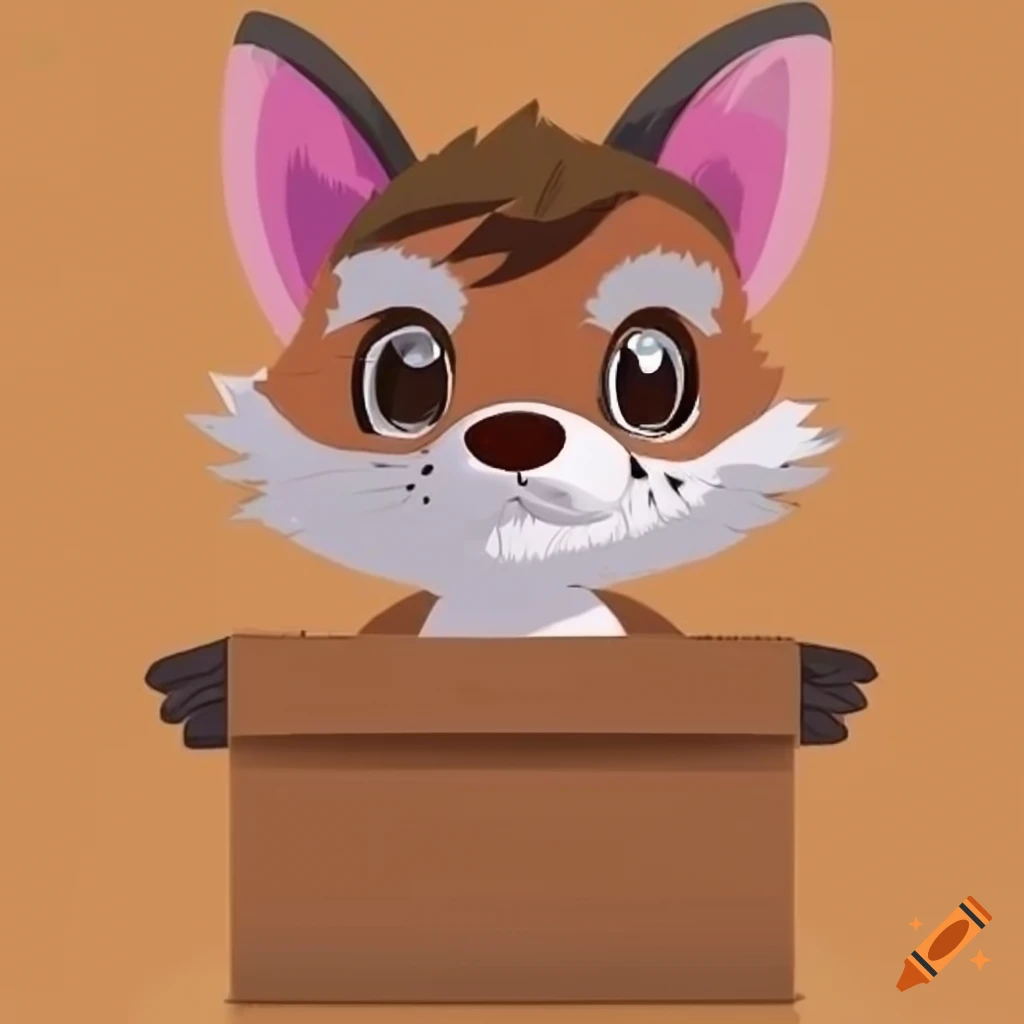 Cartoon anthro furrie fox cub in brown cardboard box
