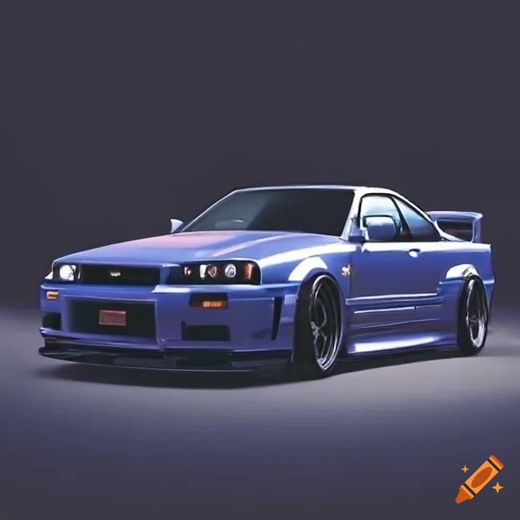 A sleek nissan skyline r34 in an urban setting