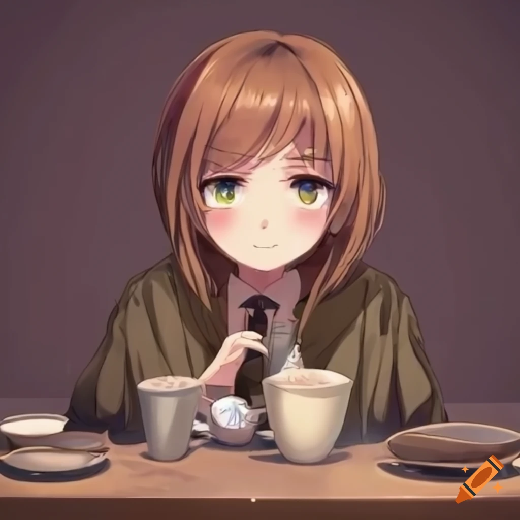 Una chica anime con pelo corto marrón, ojos marrones tomando café en ...
