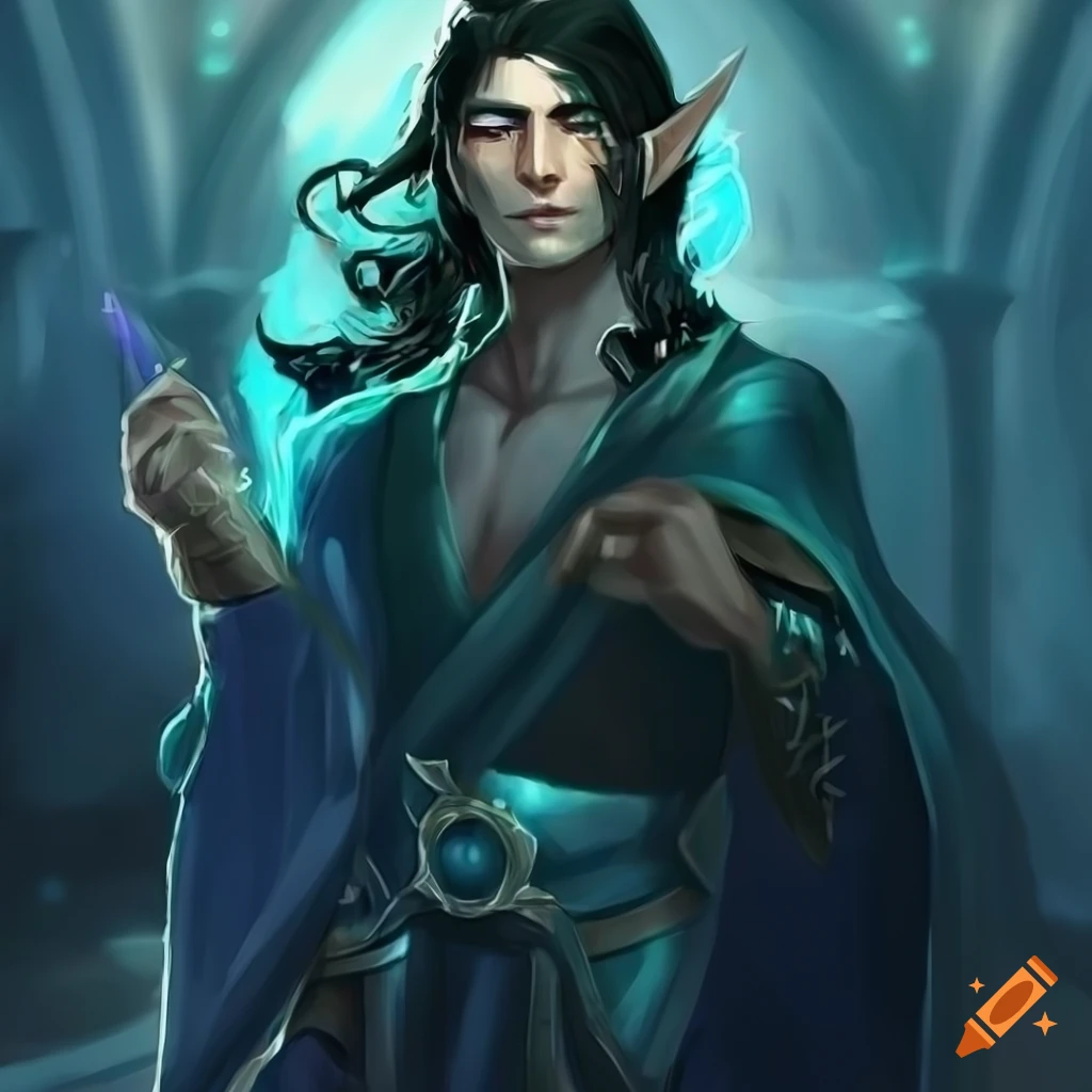 Dungeons and dragons, Male elf, black wavy hair, long hair, blue eyes ...