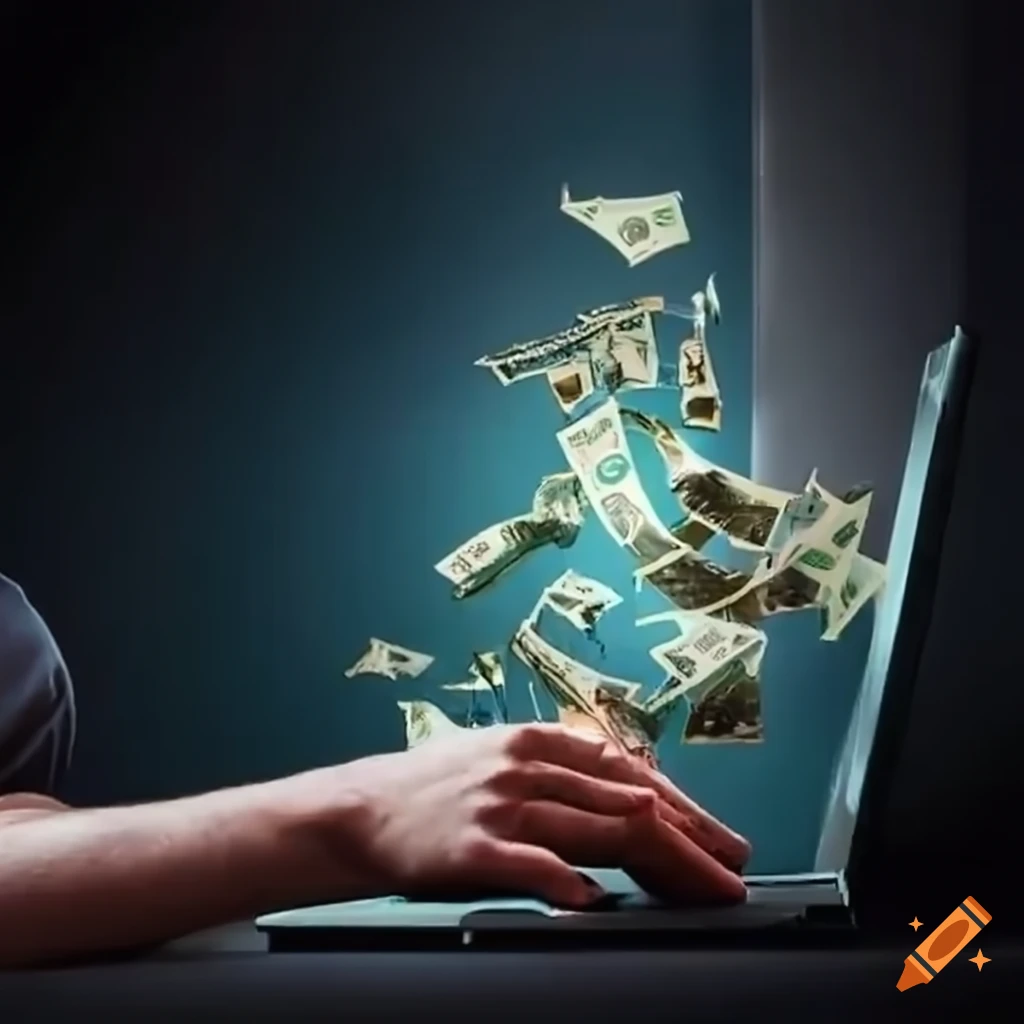 Man throwing money from inside a computer screen