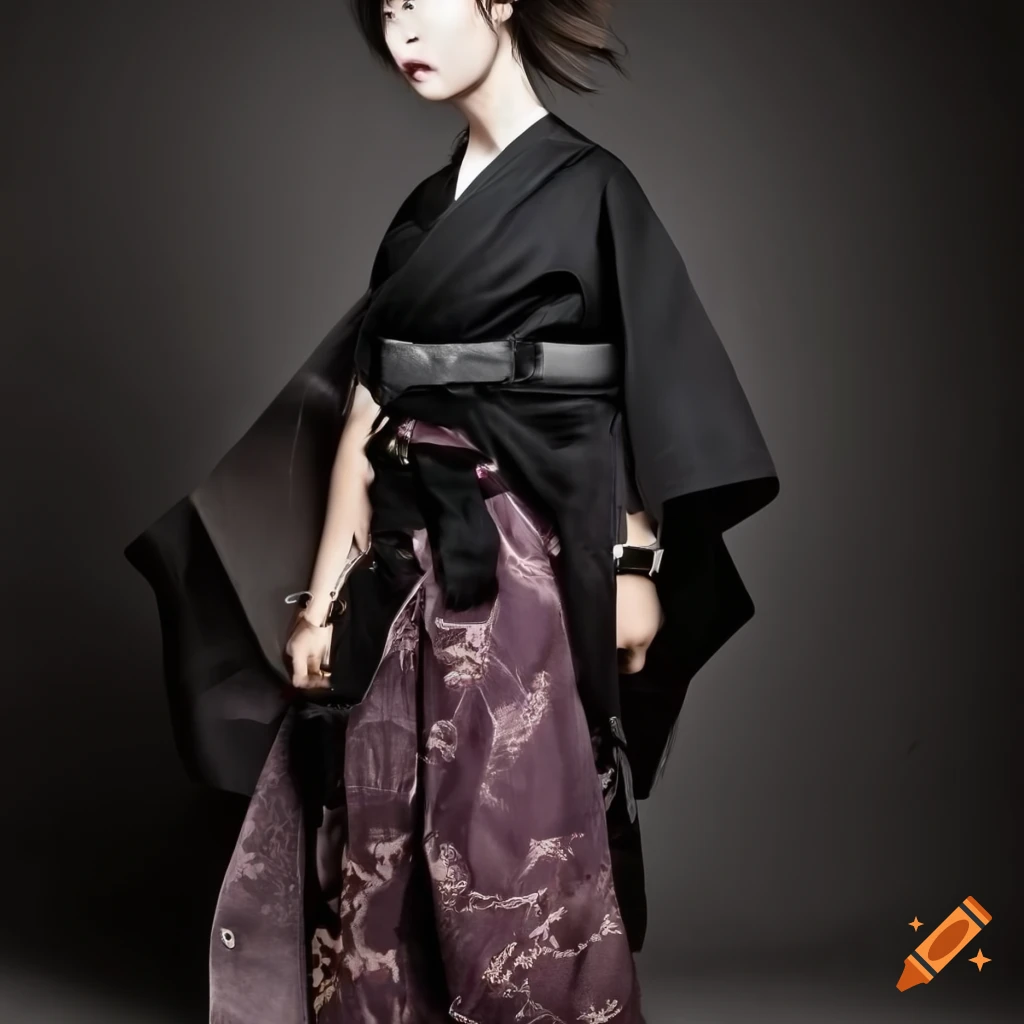 Western Punk Girl in Hakama and modern black kimono and boots full body ...