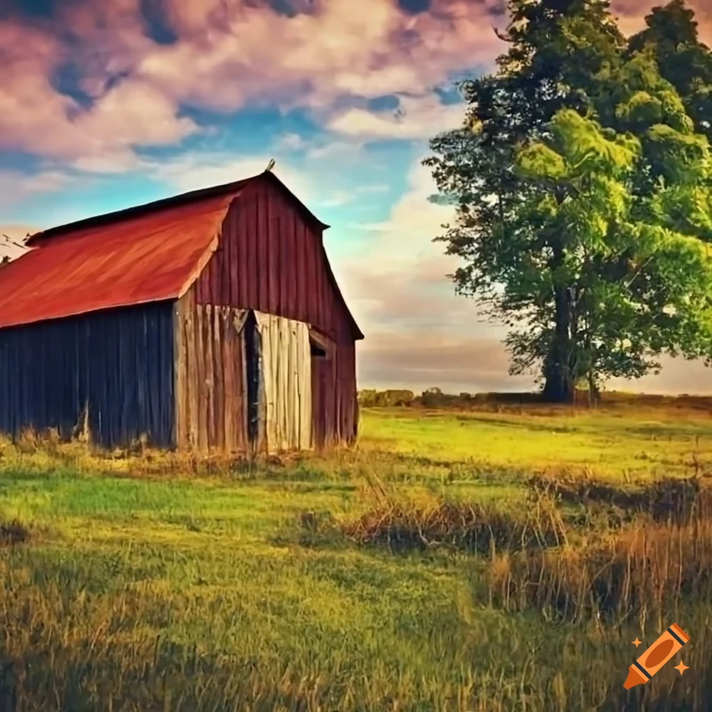 Farmyard with shed and fence with grass in front and trees in background