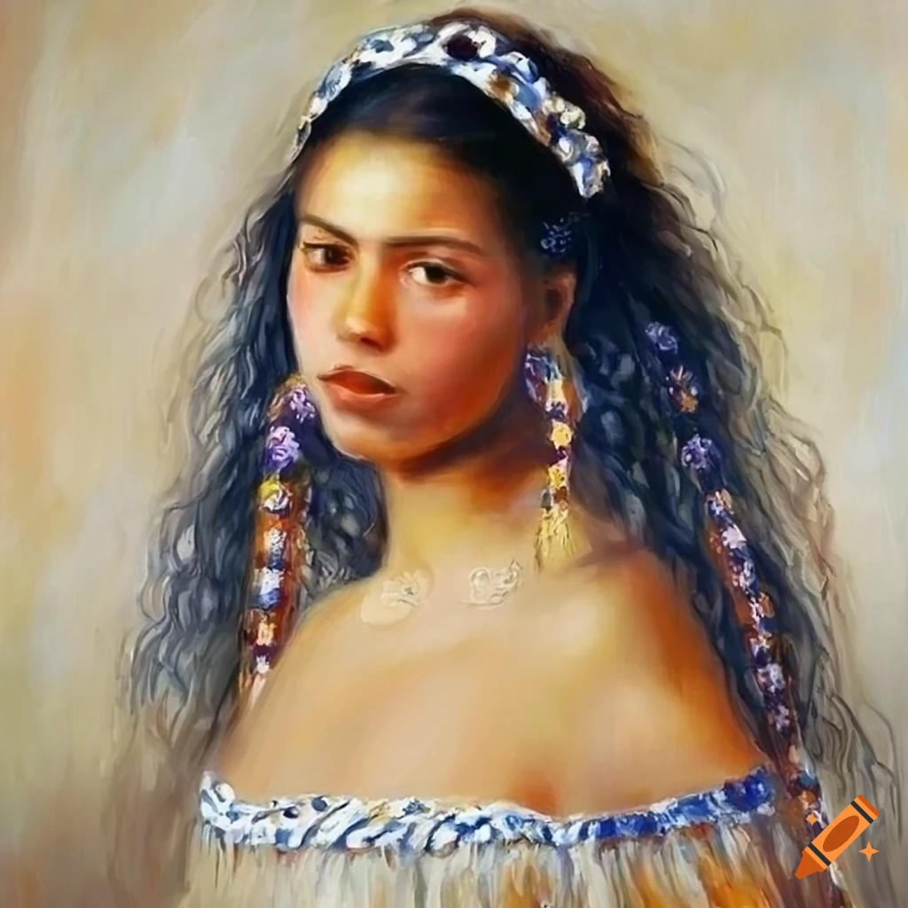 Indigenous princess on white backscreen in renoir style oil painting