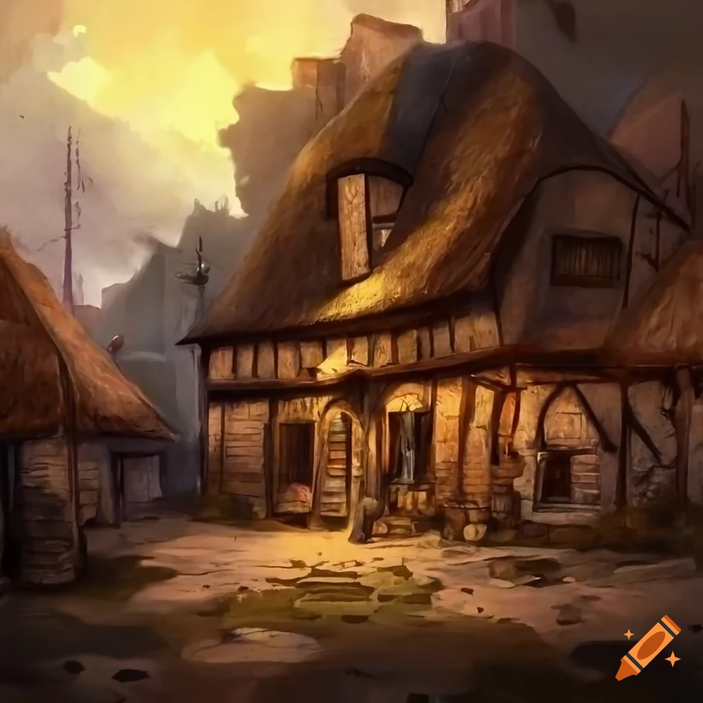 Outside view of a cosy old tavern with thatched roof and beer garden on ...