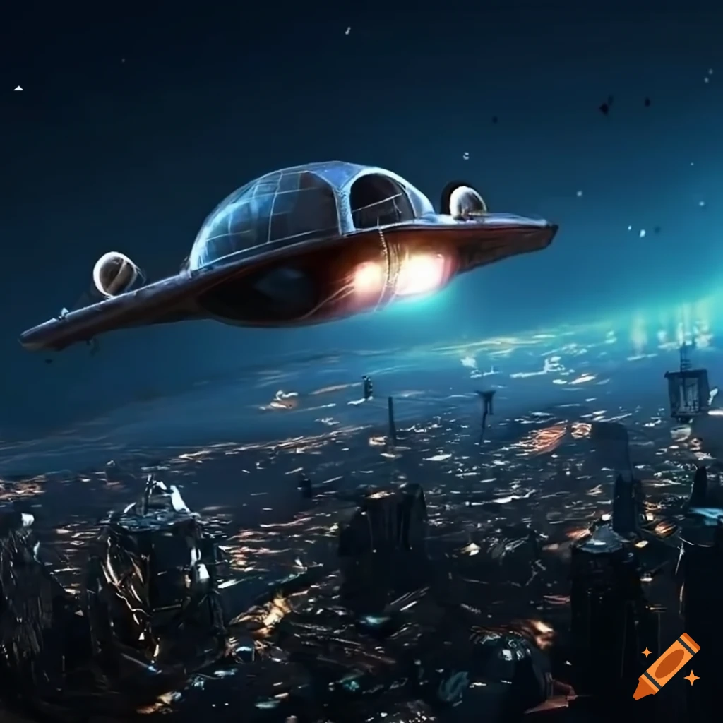 Fantastic aircraft spacecraft on city realistic detailed