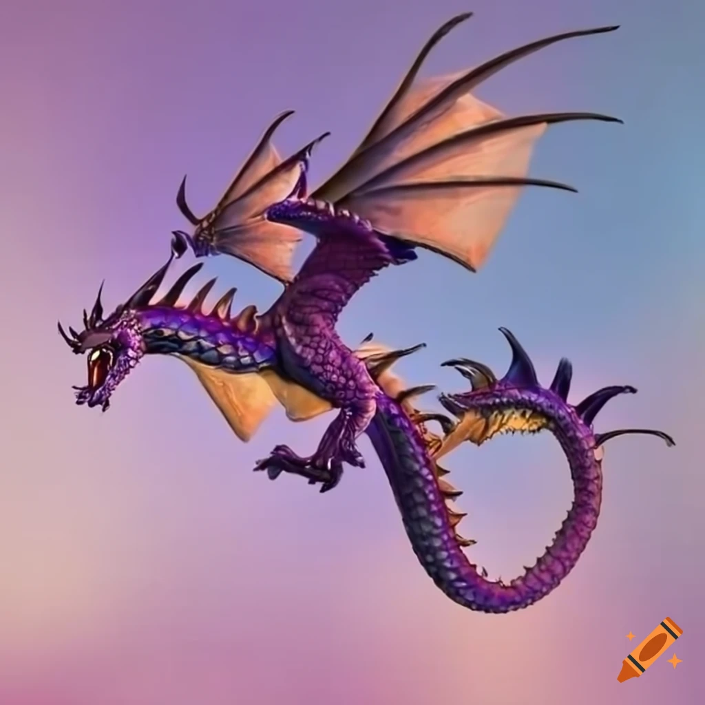 Flying three headed dragon with purple scales on Craiyon