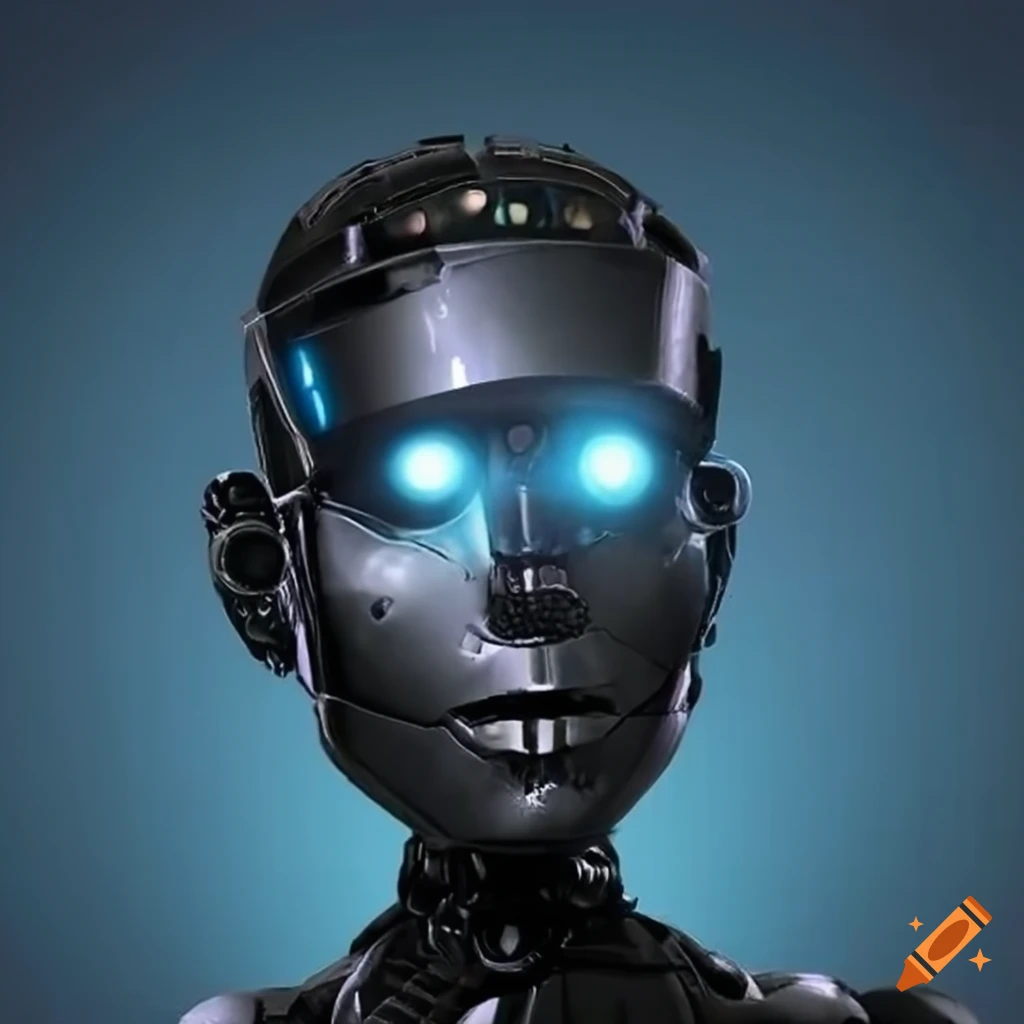 Fantastic steeping friendly robot with lights and rays in future city ...