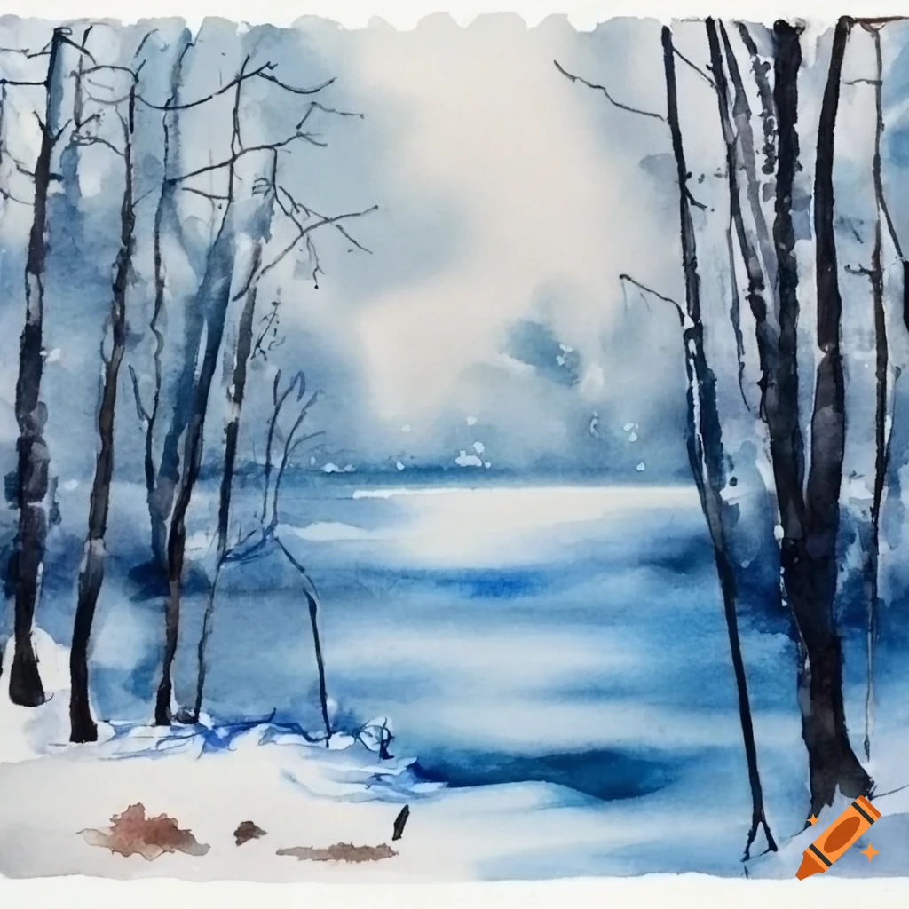 Waterpainting snowy landscape with trees without leafs on Craiyon