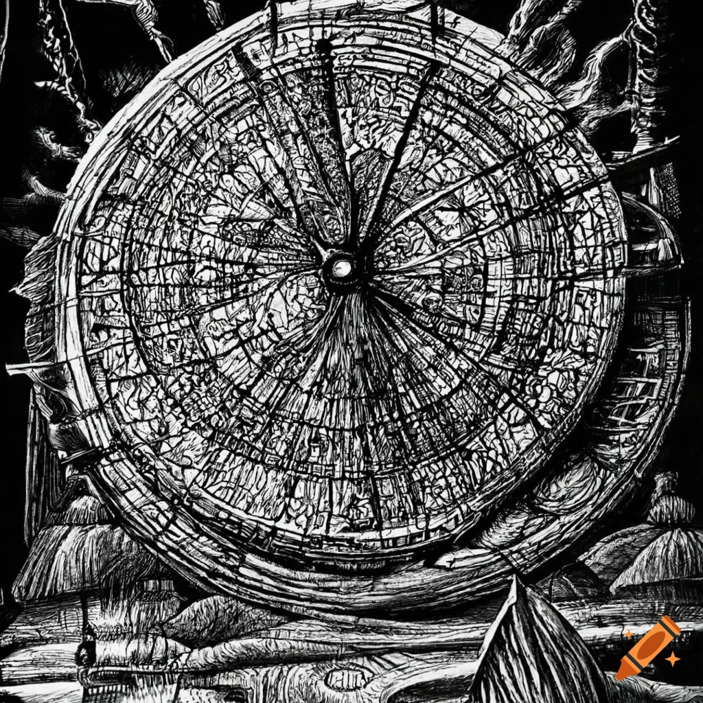 Intricate pen drawings representing the wheel of time with thin ...