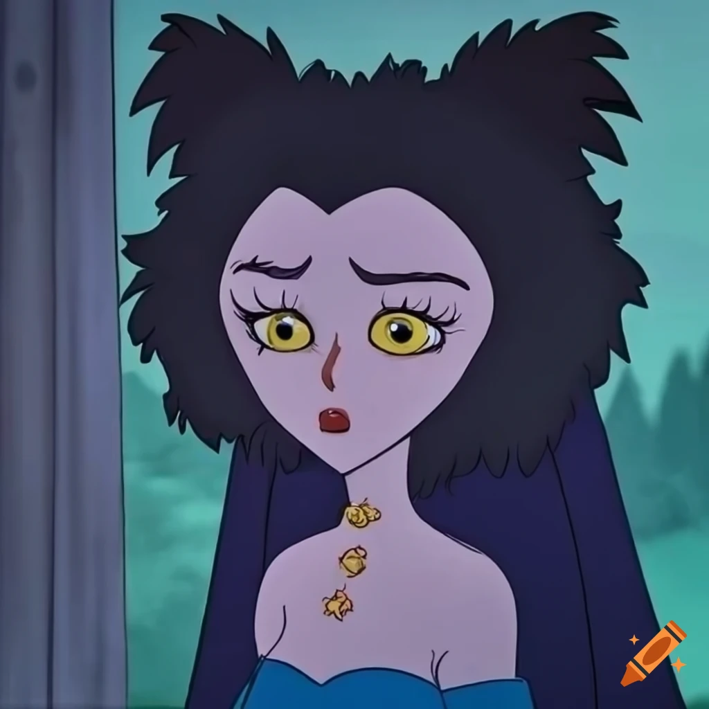 Black fluffy owl princess wearing a dark blue dress and has green eyes ...