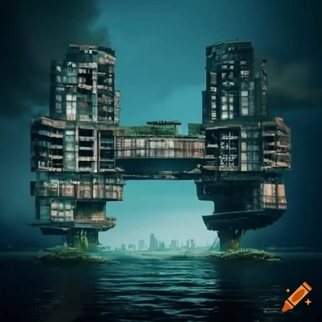 Two abandoned, derelict, floating skyscraper connected