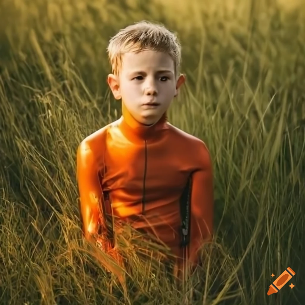 Upset boy in orange shiny wetsuit sitting in grass