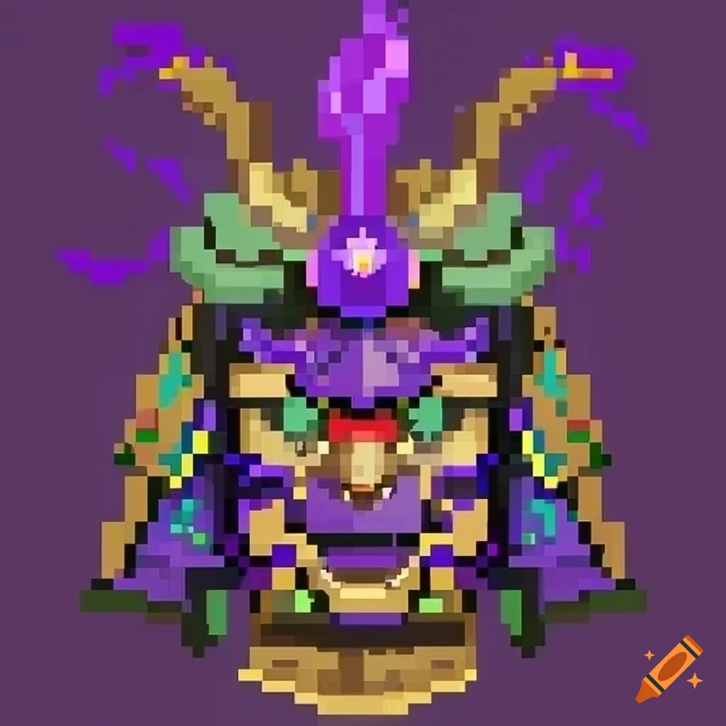 Pixel art of a mystical warrior wearing a purple shogun mask on Craiyon