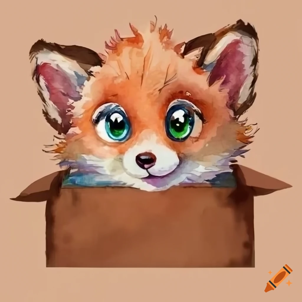 Cartoon anthro furrie fox cub in brown cardboard box on Craiyon