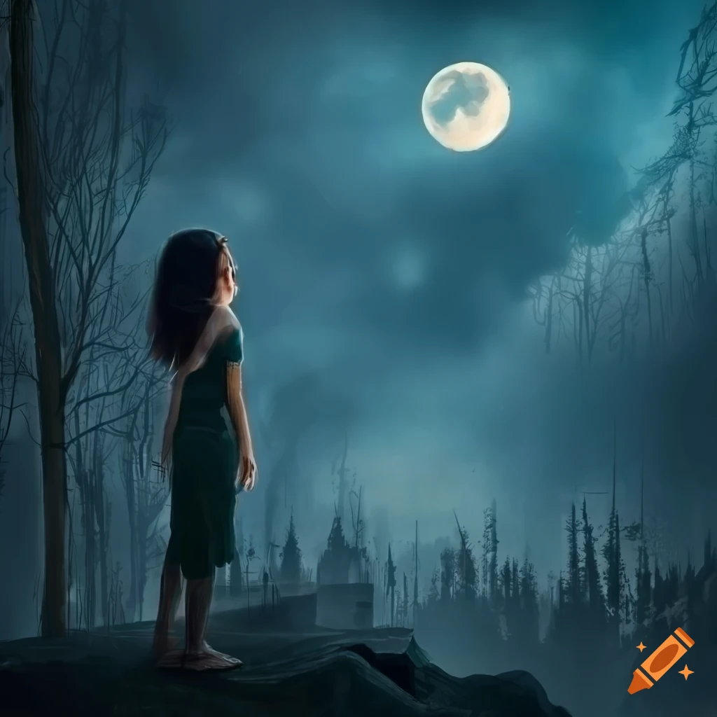 A girl in a forest looking at a sky high building under the moonlight ...