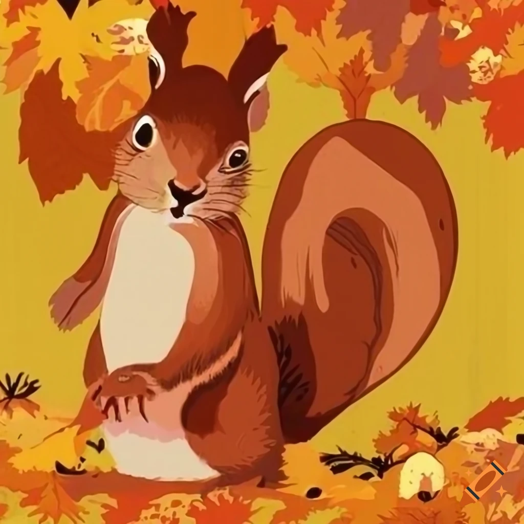 2 squirrels in autumn forest, color ink print