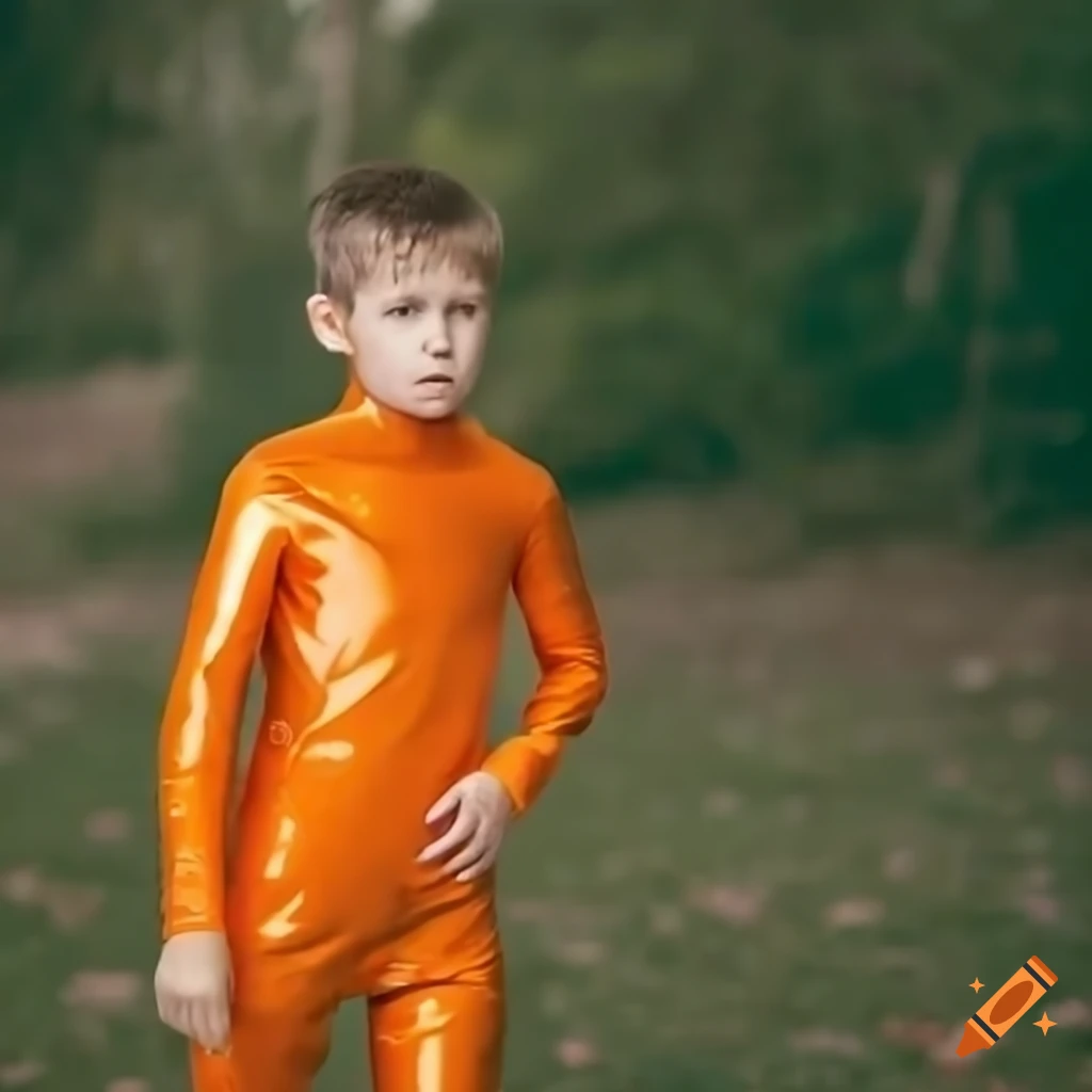 Upset boy in orange shiny wetsuit in a park